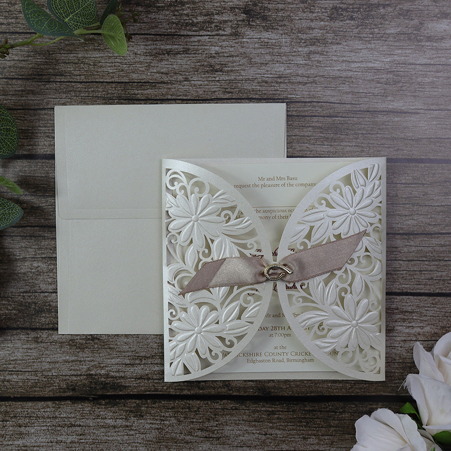 SC 2735 Heavenly White Gatefold Circular Laser Cut Wedding Invitation – Shadicards.Com