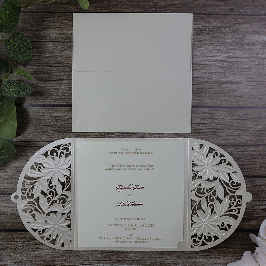 SC 2735 Heavenly White Gatefold Circular Laser Cut Wedding Invitation – Shadicards.Com