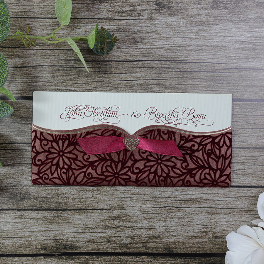 SC 5464 Landscape Maroon Floral Velvet Pocket Invitation - Elegant Des ...