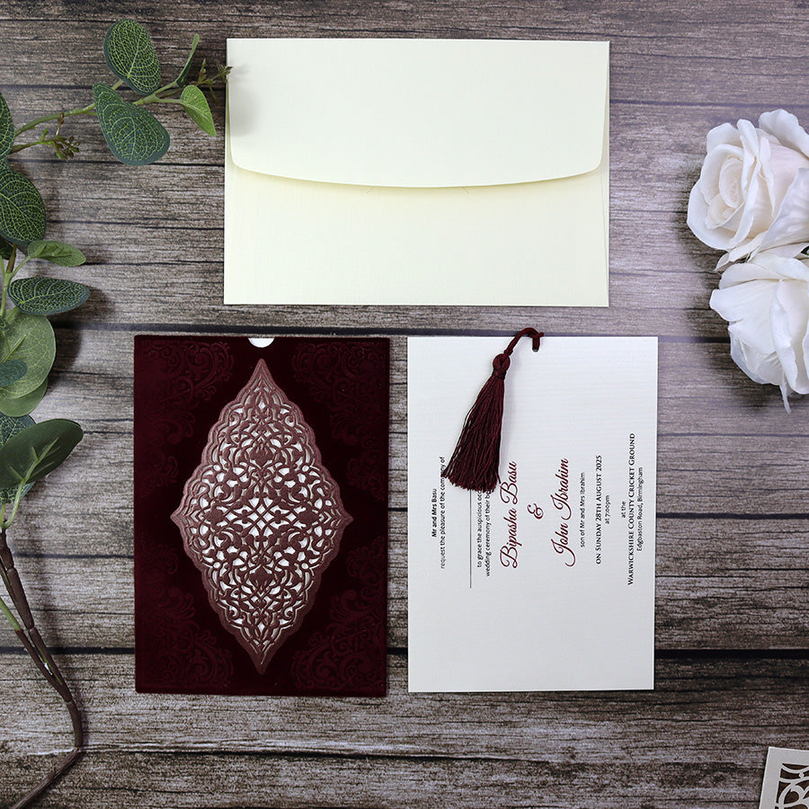 Regal Red Velvet Laser Cut and Embossed Wedding Invitation SC 5568 wit ...