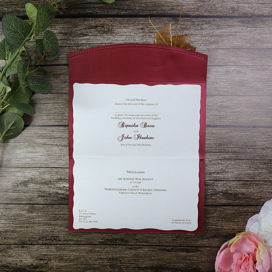 T056I Maroon card and gold ribbon bow invitation – Shadicards.Com