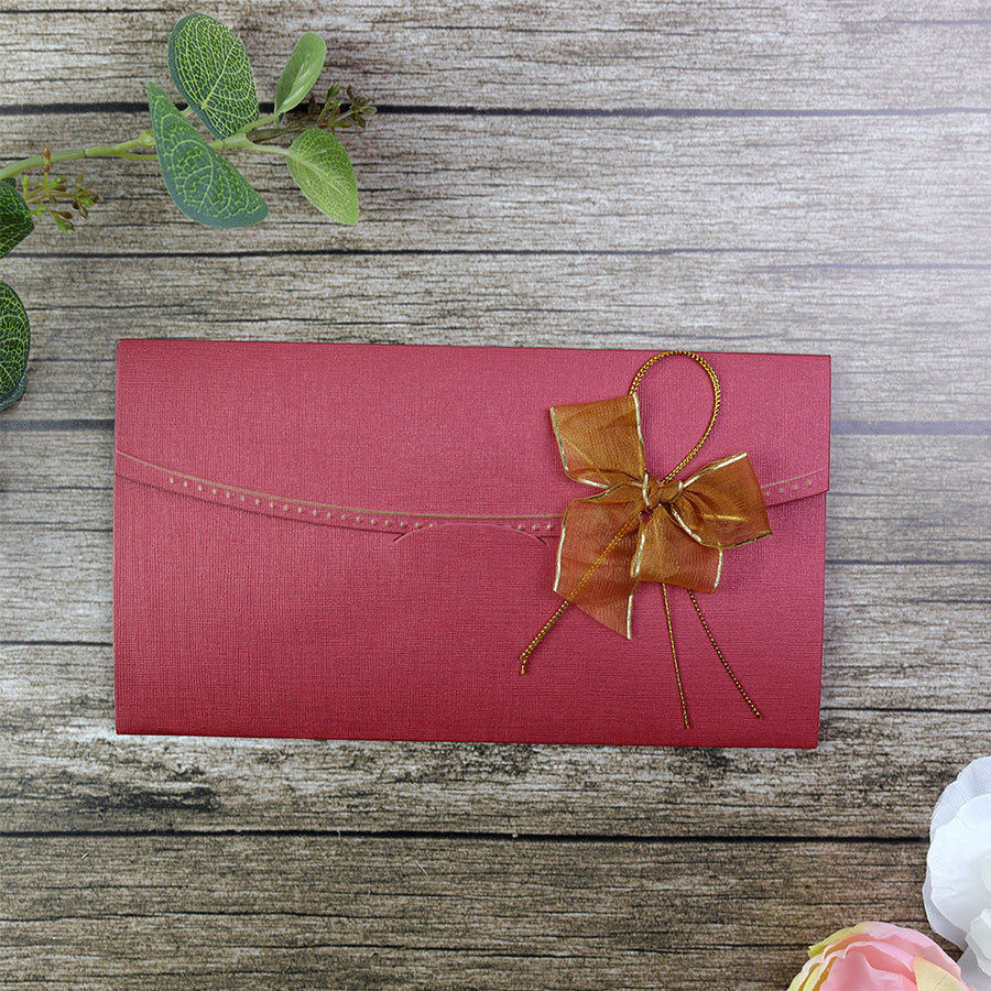 T056I Maroon card and gold ribbon bow invitation – Shadicards.Com