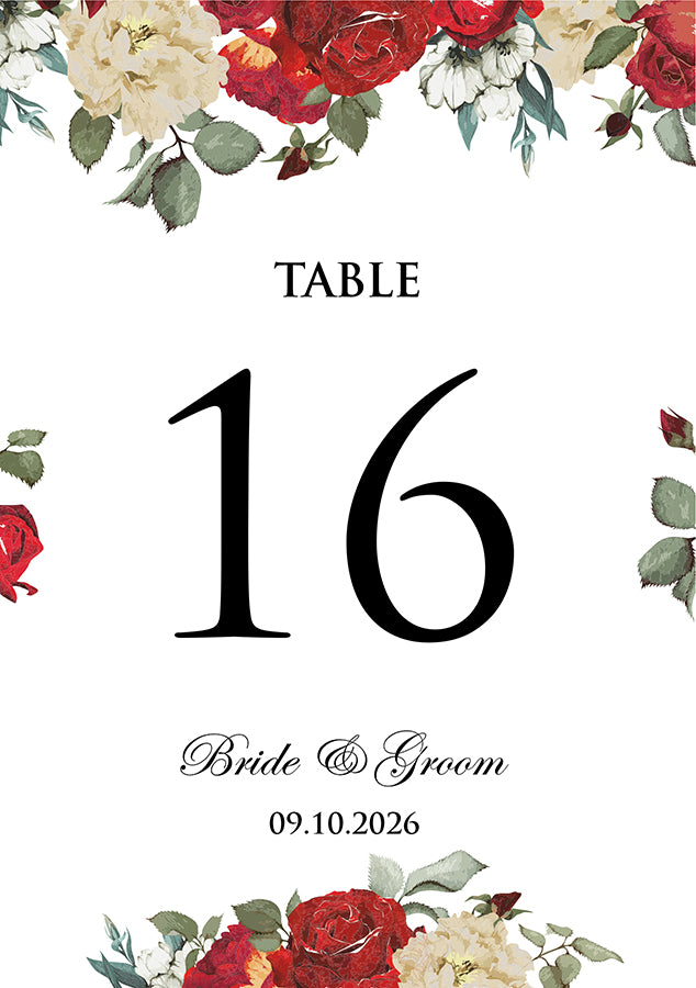 Elegant A5 Table Numbers with Ivory, Red & White Flowers and Green Lea ...