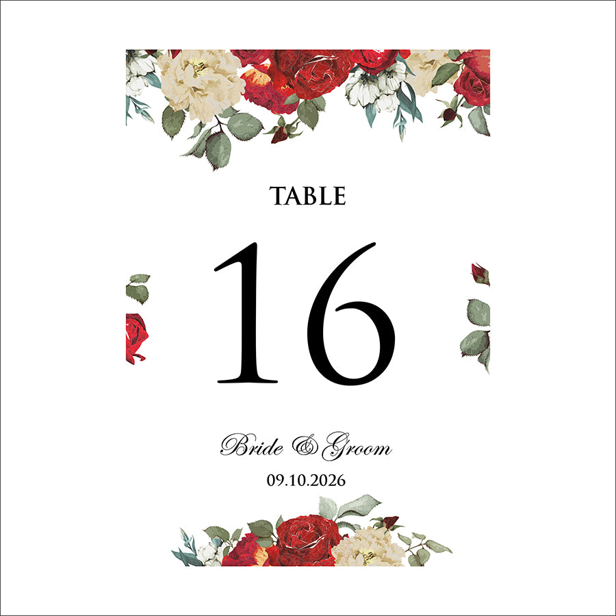 Elegant A5 Table Numbers with Ivory, Red & White Flowers and Green Lea ...