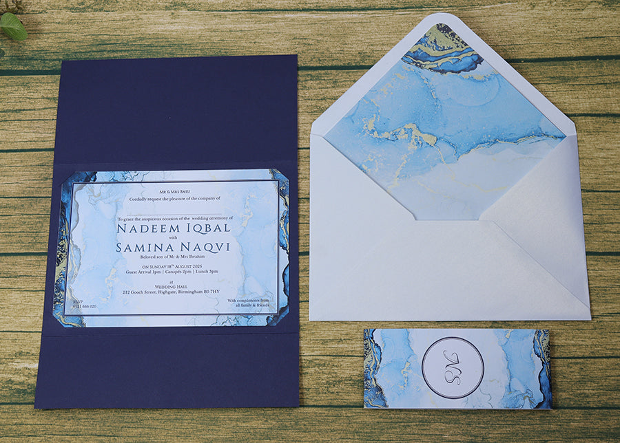 PCM Blue A5 Sized Invitation Card - Dark Blue Marble Design with Match ...