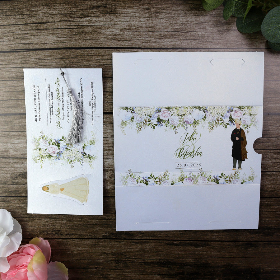 ABC 1198 Sliding Bride & Groom Invitation - Subtle Pale Green Floral D ...