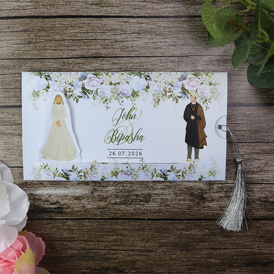 ABC 1198 Sliding Bride & Groom Invitation - Subtle Pale Green Floral D ...