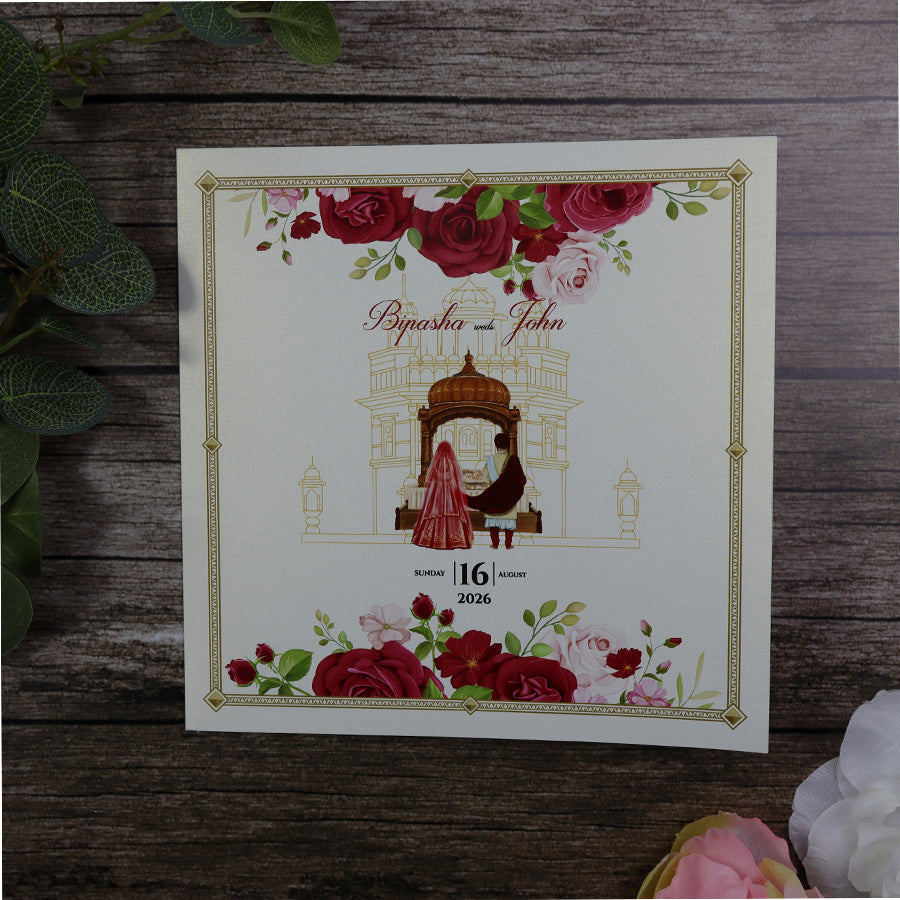 Detailed Floral Design Large Square Asian Wedding Invitation with matc ...