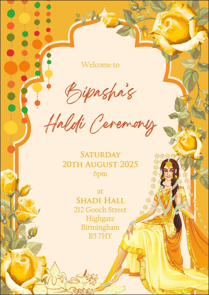 MND 337 Asian Style A6 Haldi Mehndi Invitation in Orange and Yellow wi ...