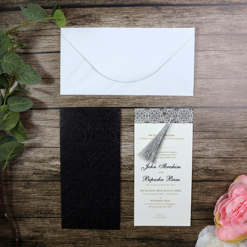 RWB Black Card Damask Pocket Invitation with Silver Tassel - Elegant a ...
