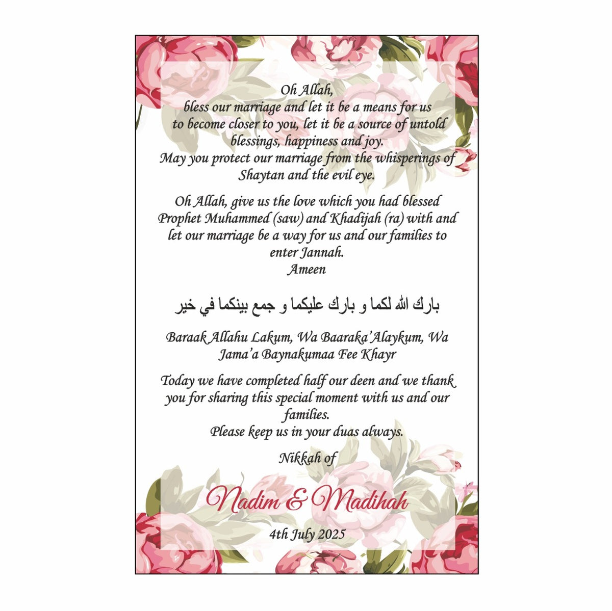 Rose Leaf Flat Place Card / Dua Card - Pink Rose Watercolor Flowers ...