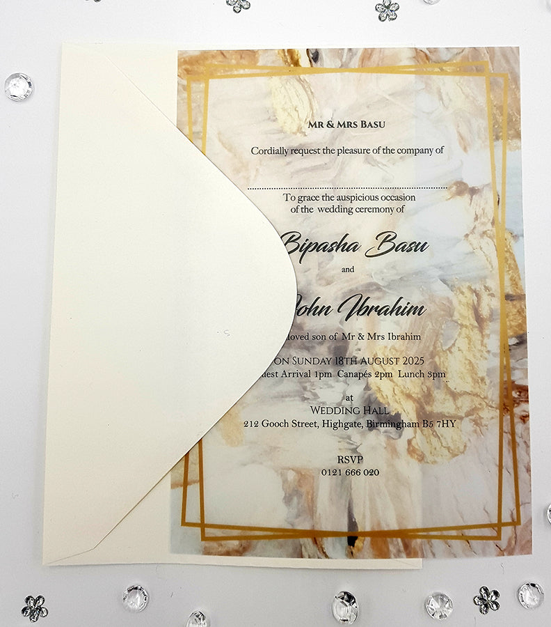 Translucent wedding invitations in gold abstract design on A5 Vellum P ...