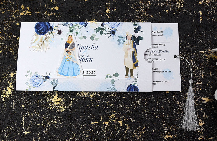 ABC 1191 Sliding Bride & Groom Blue Floral Invitation – Shadicards.Com