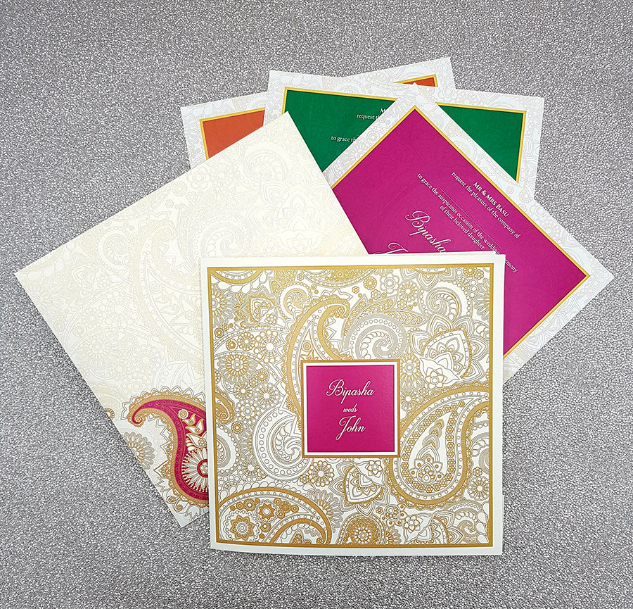 Detailed Paisley Design Large Square Asian Wedding Invitation with mat ...