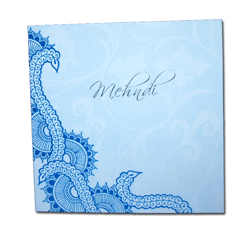 MND01B Cyan blue Henna pattern mehndi invitation card – Shadicards.Com