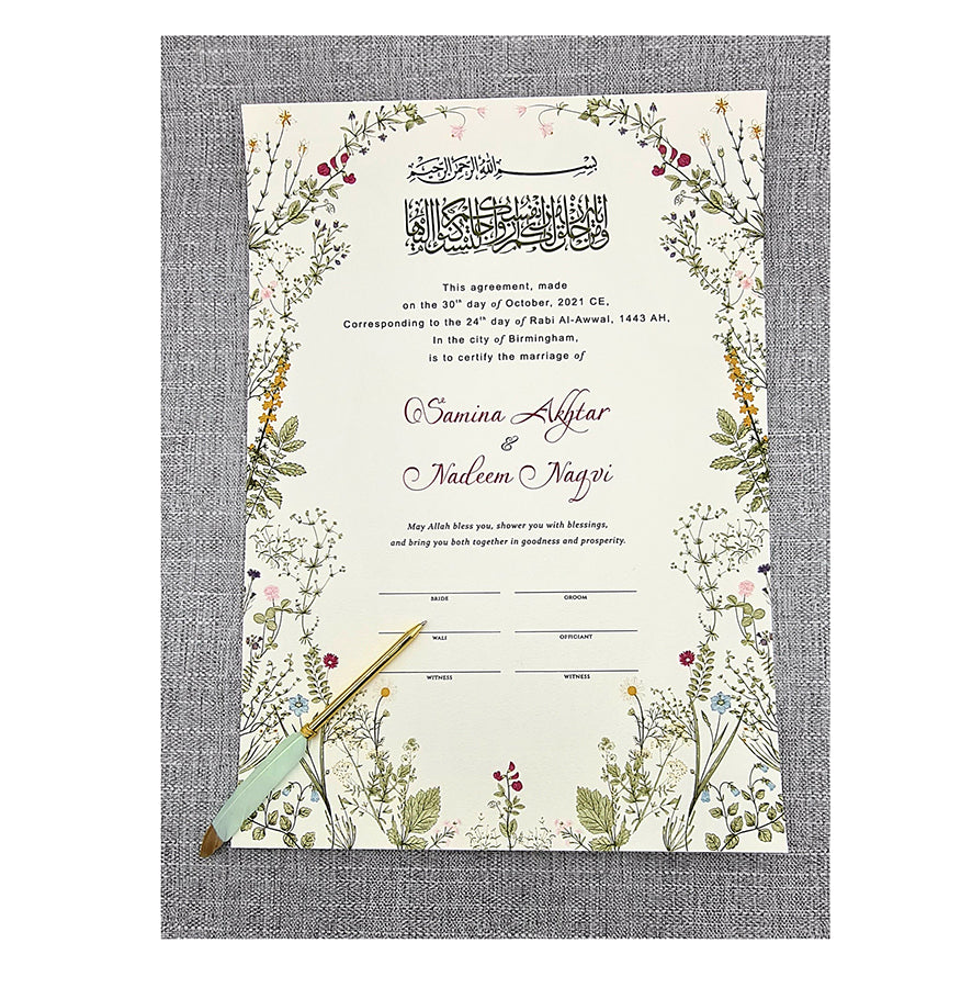 NK 126 Floral Border Custom Made Nikah Nama for Islamic Weddings ...