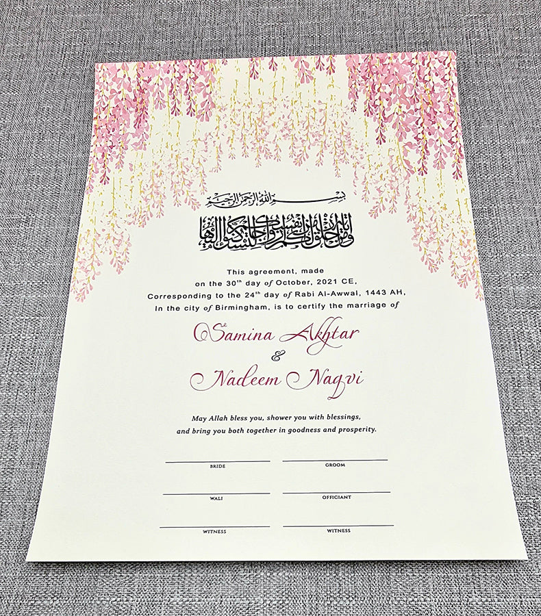 NK 127 Pink Floral Customised Nikah Nama Islamic Marriage Certificate ...