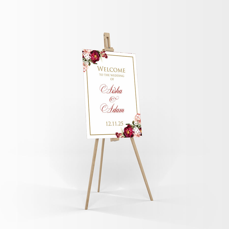 Red & Gold Floral – A1 Mounted Welcome Poster – Shadicards.Com