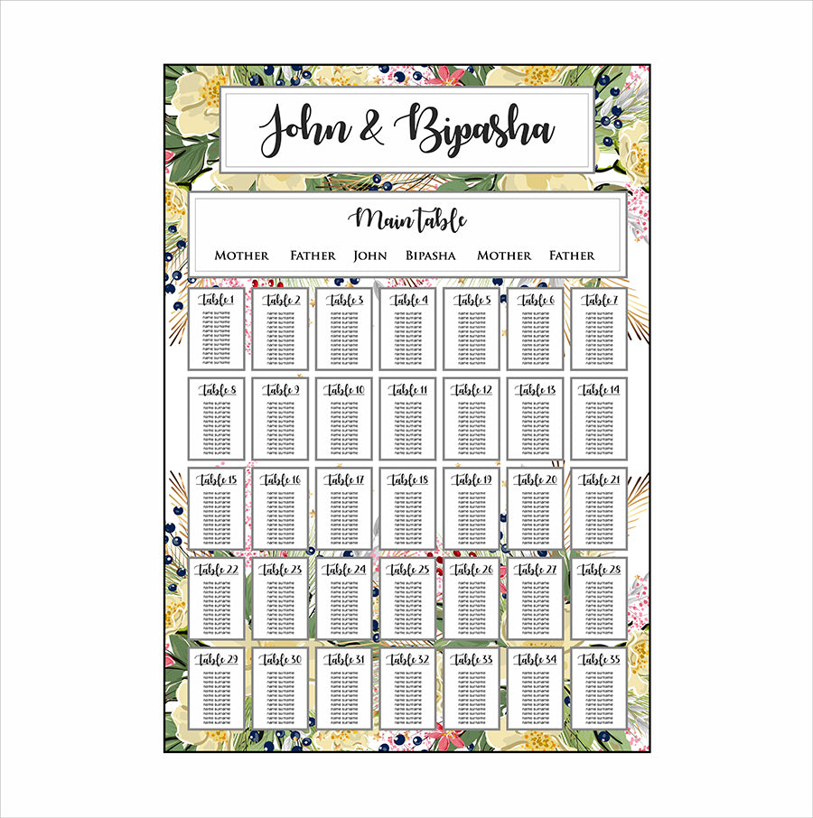 Yellow Green Deco Portrait Personalised Wedding Table Plan – A1 Table ...