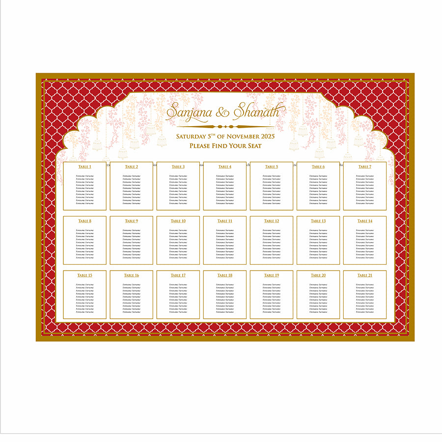 Red & Gold Border Landscape Personalised Wedding Table Plan – A1 Table ...